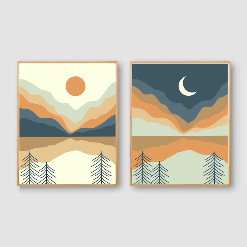 Sun and Moon Landscape Art, Set of 2 Day and Night Landscapes ...