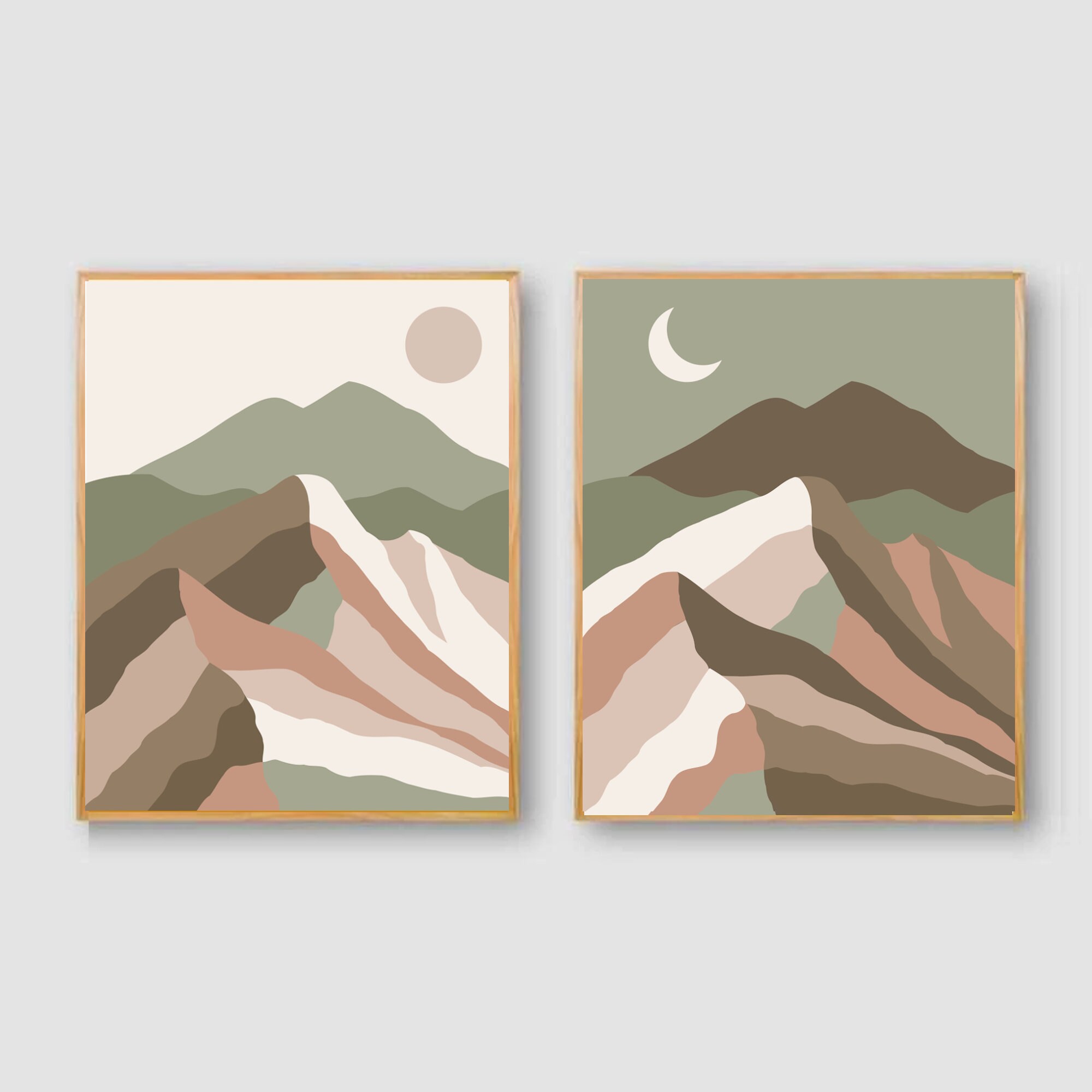 Set of 2 Sun and Moon Art, Day and Night Landscapes, Minimalist ...