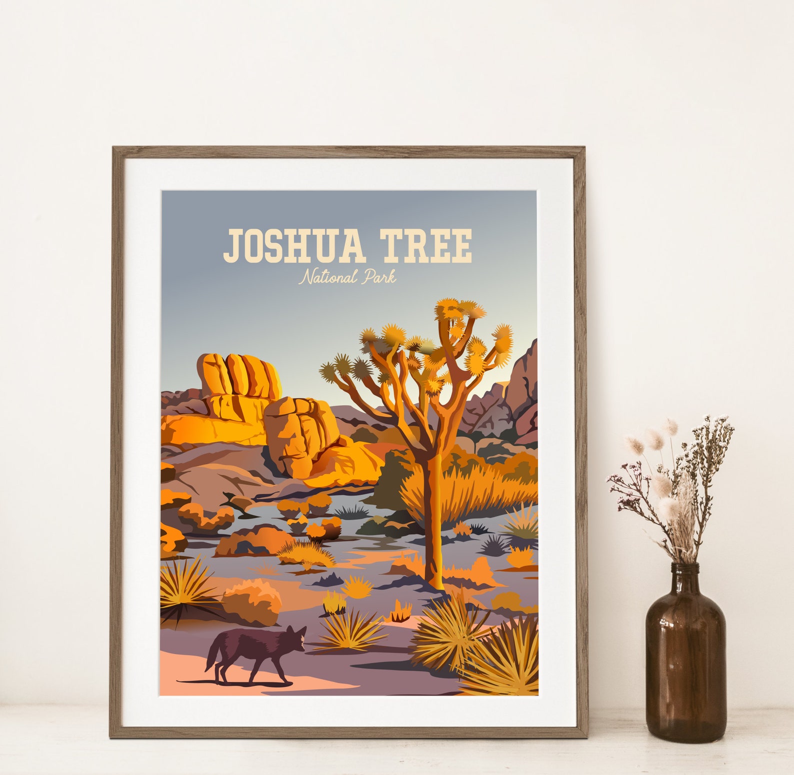 Joshua Tree Poster | National Park Print | Coyote With Cacti and Joshua ...