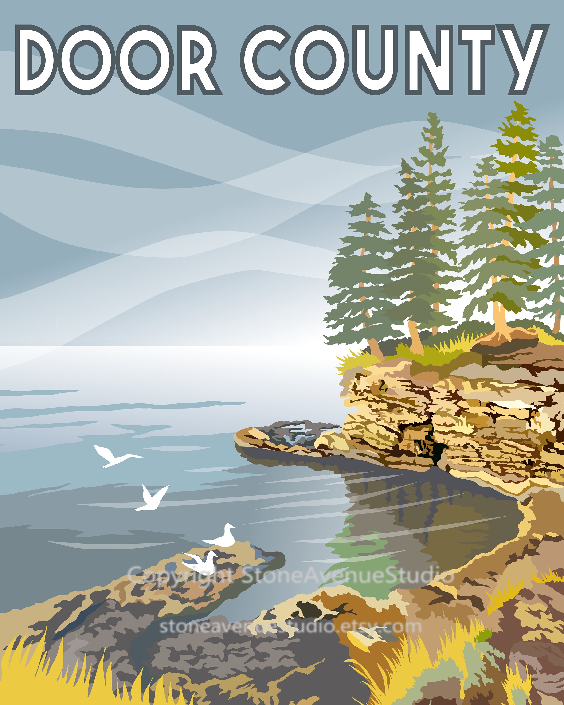 Door County Travel Poster, Bluff With Cedar Trees and Seagulls, Cave ...