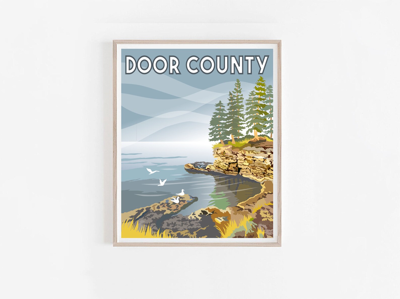 Door County Travel Poster, Bluff With Cedar Trees and Seagulls, Cave ...