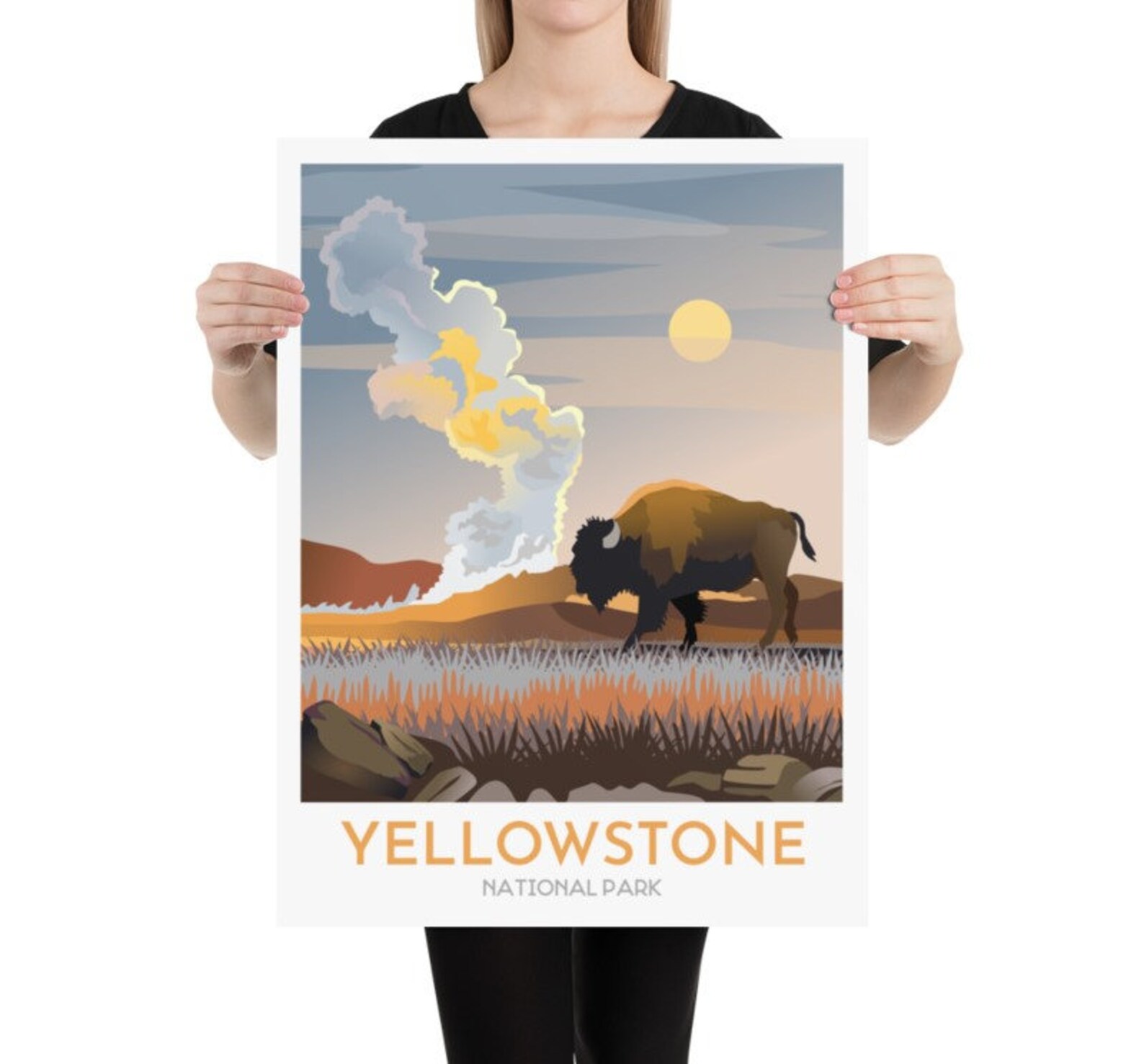Yellowstone Poster With Bison and Geyser | Yellowstone National Park ...