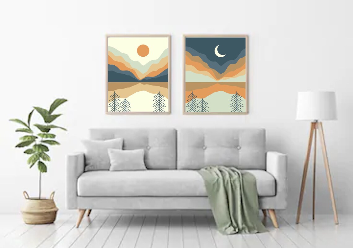 Sun and Moon Landscape Art, Set of 2 Day and Night Landscapes ...