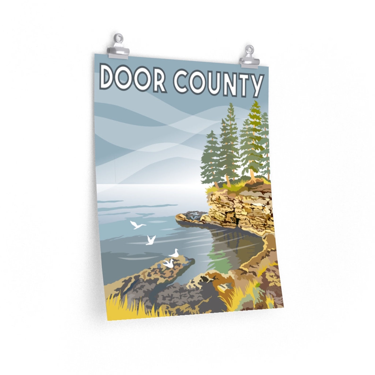 Door County Travel Poster, Bluff With Cedar Trees and Seagulls, Cave ...