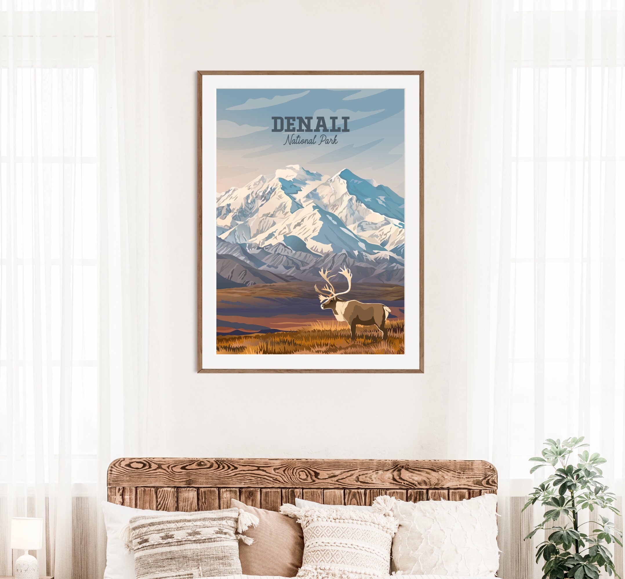 Denali National Park Poster | Reindeer and Mountain | Denali Art Print ...