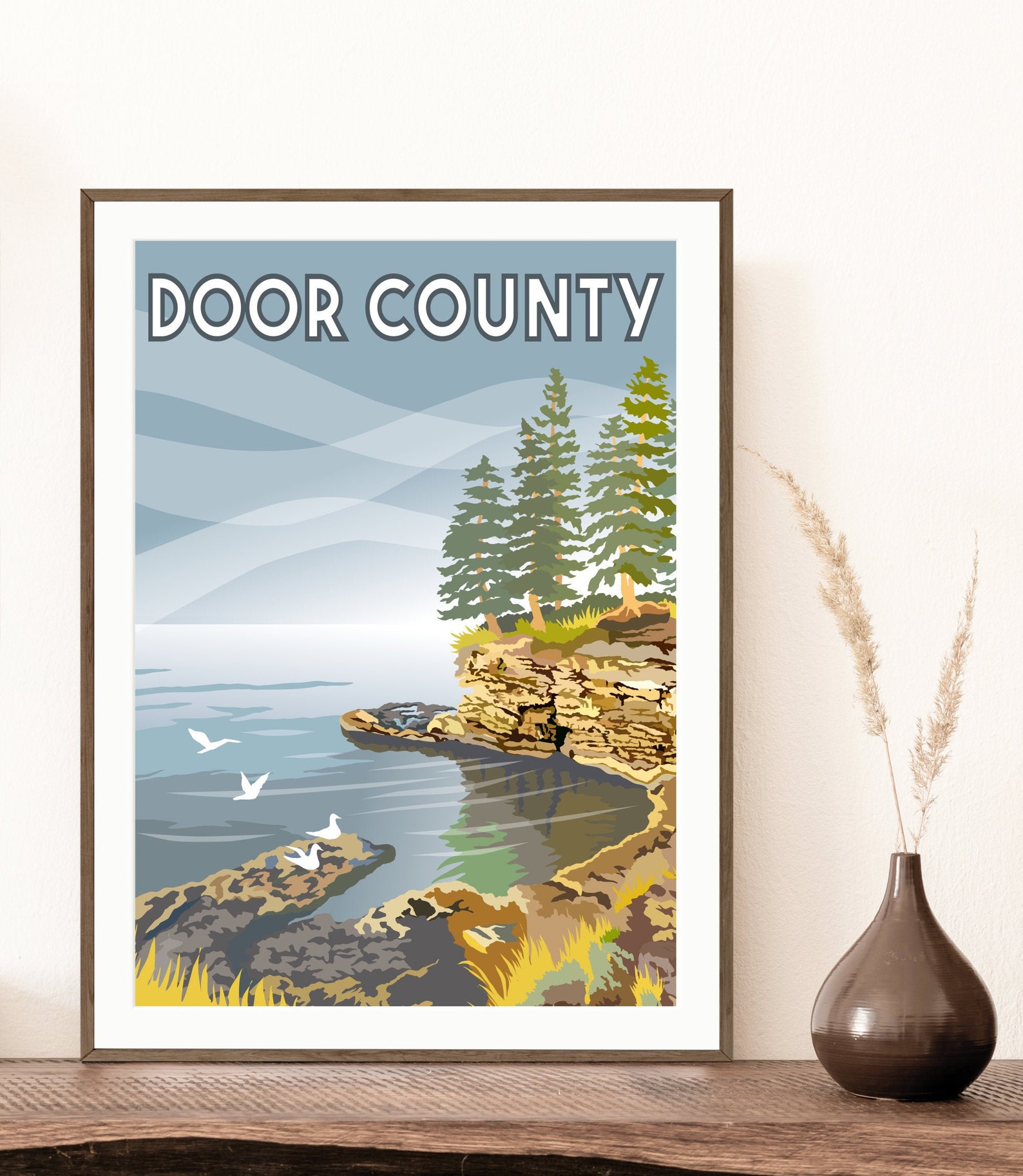 Door County Travel Poster, Bluff With Cedar Trees and Seagulls, Cave ...