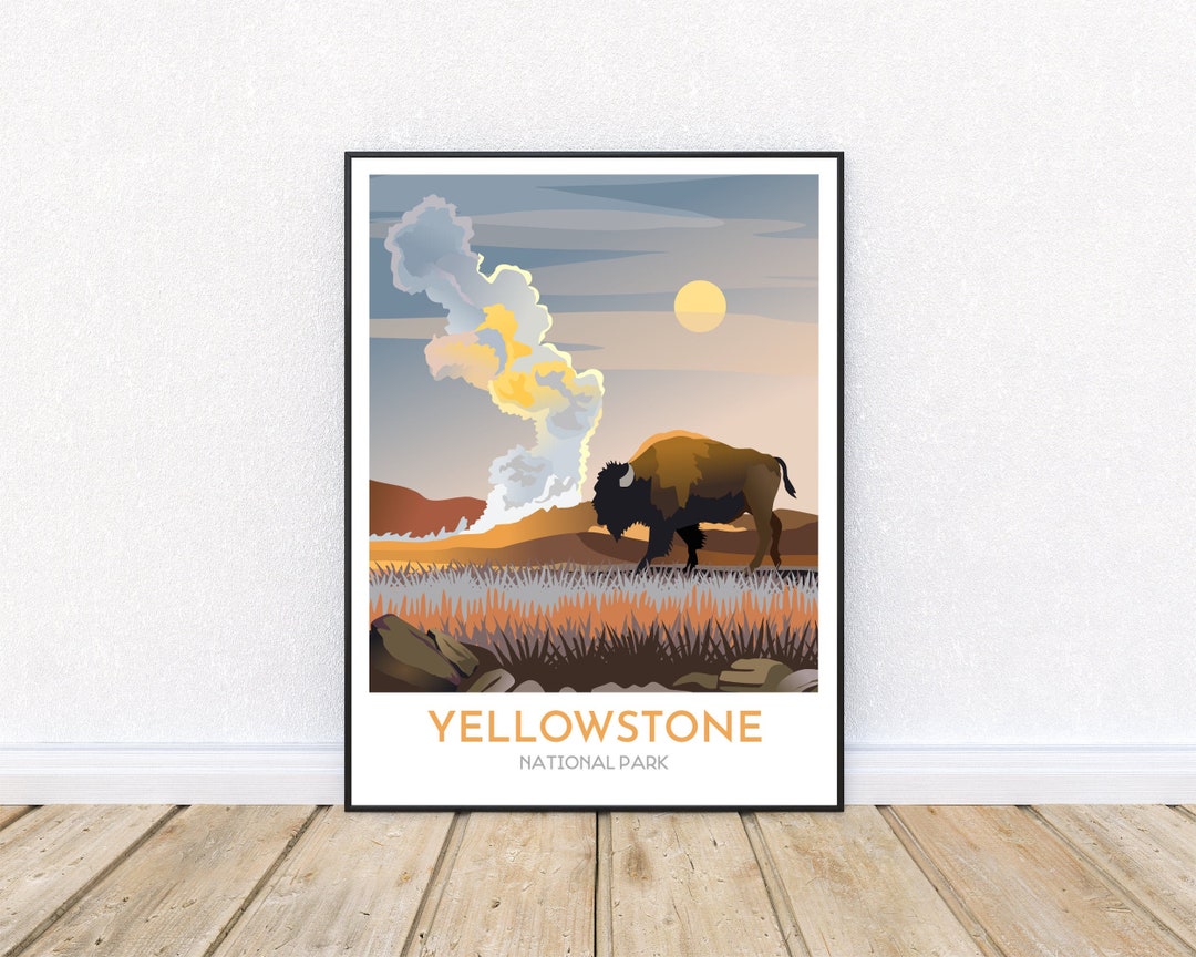 Yellowstone Poster With Bison and Geyser | Yellowstone National Park ...