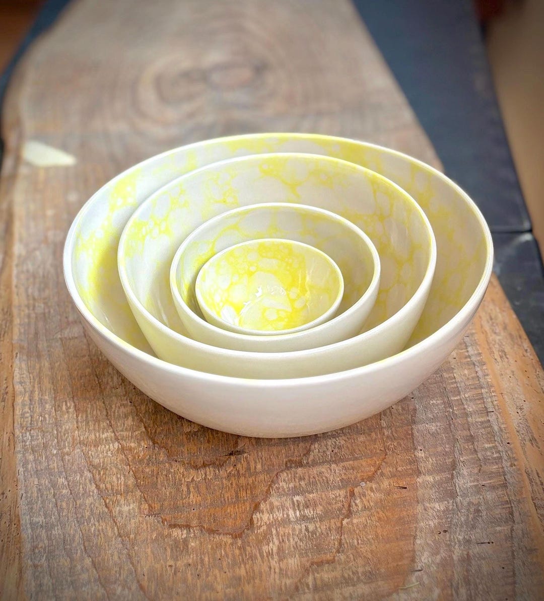Handmade Ceramic Nesting Bowl Set – White + Yellow Bubble Glaze ...