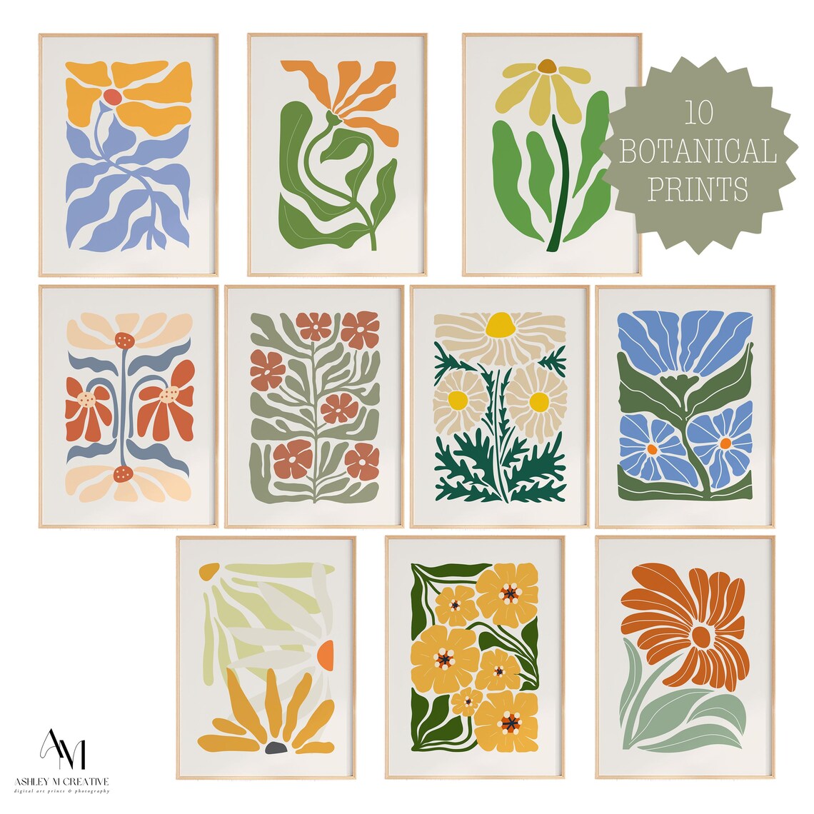 Artful Floral Printe, Set of 10 Boho Floral Wall Art, Vibrant Abstract ...