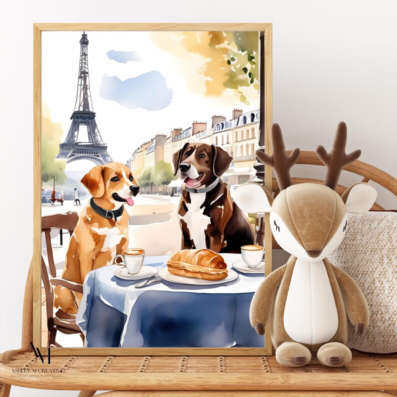 Paris Cafe Dogs Watercolor Art Print: Eiffel Tower Pup Scene (digital ...