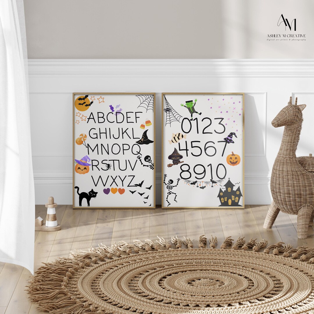Halloween Alphabet and Numbers Posters, Set of 2, Kids Halloween Prints ...