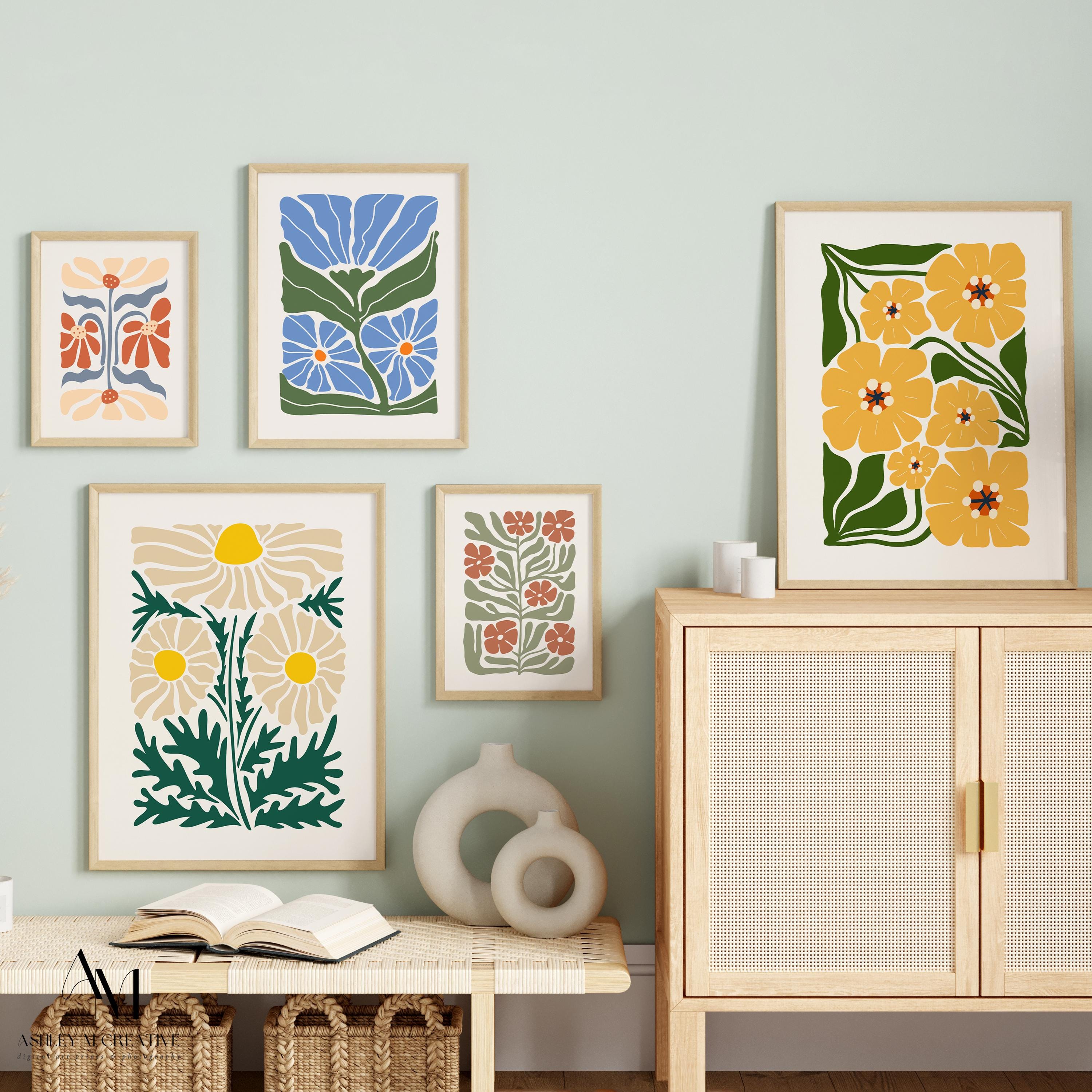 Artful Floral Printe, Set of 10 Boho Floral Wall Art, Vibrant Abstract ...