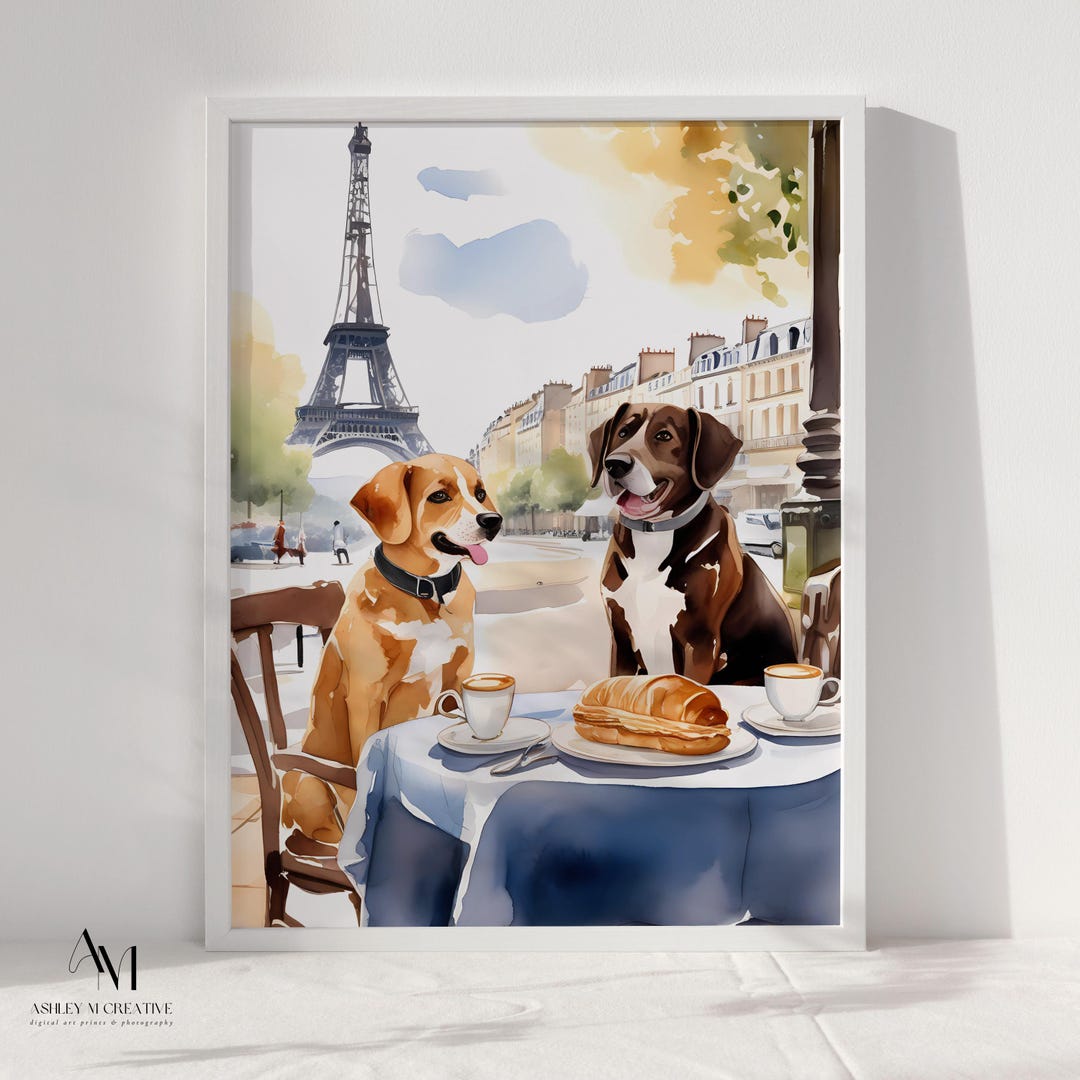 Paris Cafe Dogs Watercolor Art Print: Eiffel Tower Pup Scene (digital ...