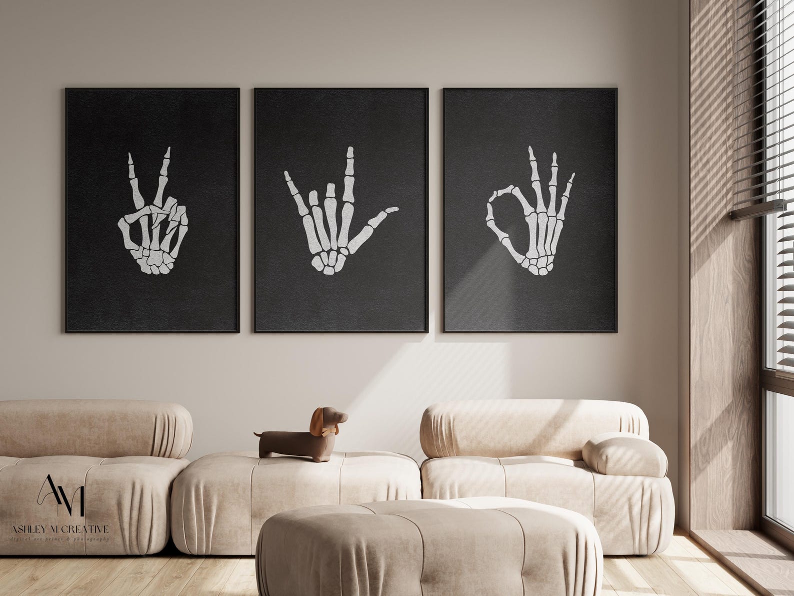 Skeleton Hands Digital Prints, Set of 4, Peace Sign, Thumbs Up, I Love ...
