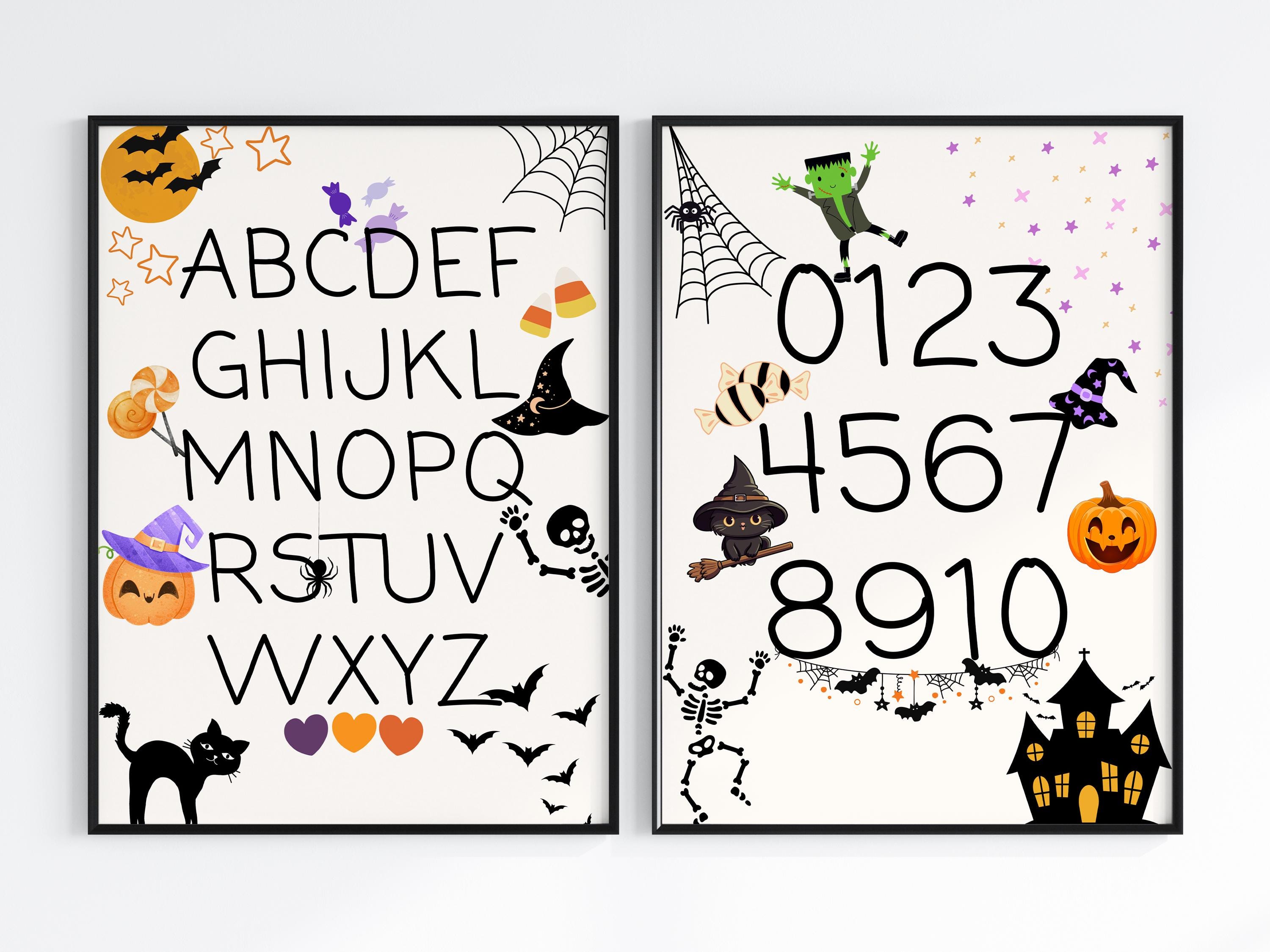 Halloween Alphabet and Numbers Posters, Set of 2, Kids Halloween Prints ...