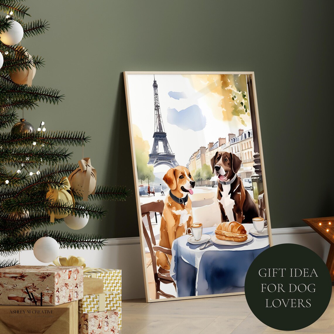 Paris Cafe Dogs Watercolor Art Print: Eiffel Tower Pup Scene (digital ...