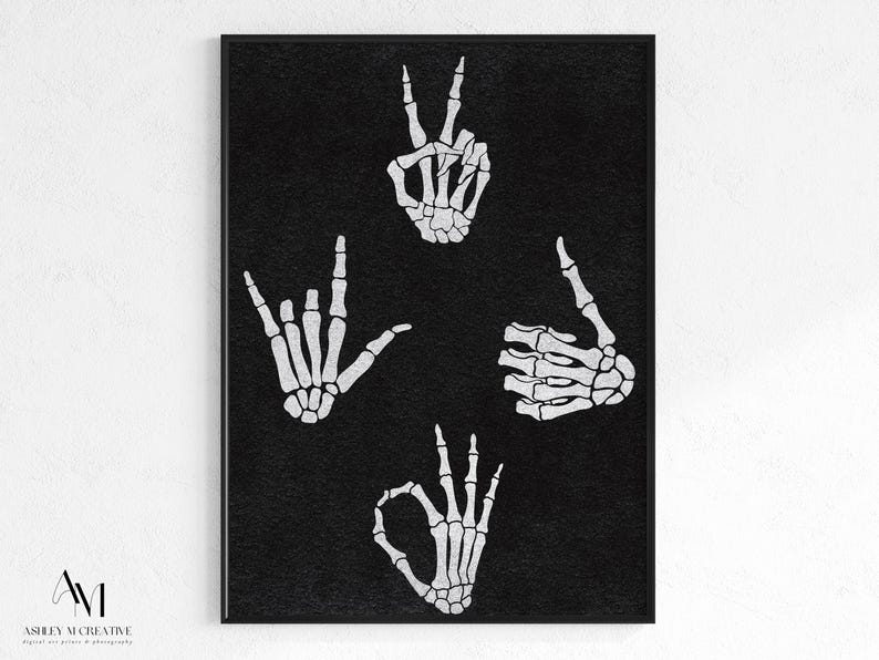 Skeleton Hands Digital Prints, Set of 4, Peace Sign, Thumbs Up, I Love ...