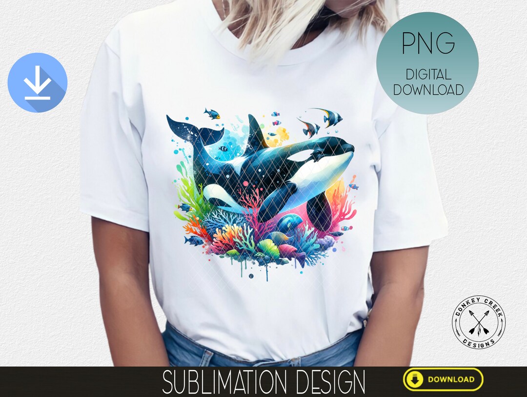 Watercolor Orca Whale Sublimation PNG, Cute Whale Design, Sea Life PNG ...