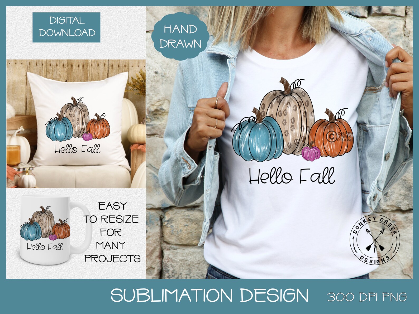 Hand Drawn Pumpkins Fall Sublimation Download Hello Fall - Etsy