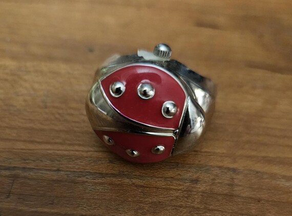 1980s Ladies LadyBug Ring Finger Watch Expandable Ban… - Gem