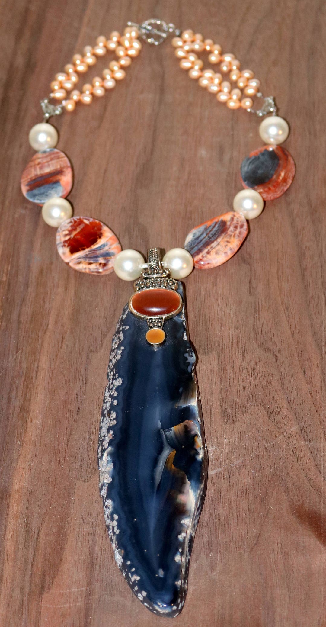 Upcycled Agate Geode Statement Necklace: Freshwater Pearls, Sterling ...