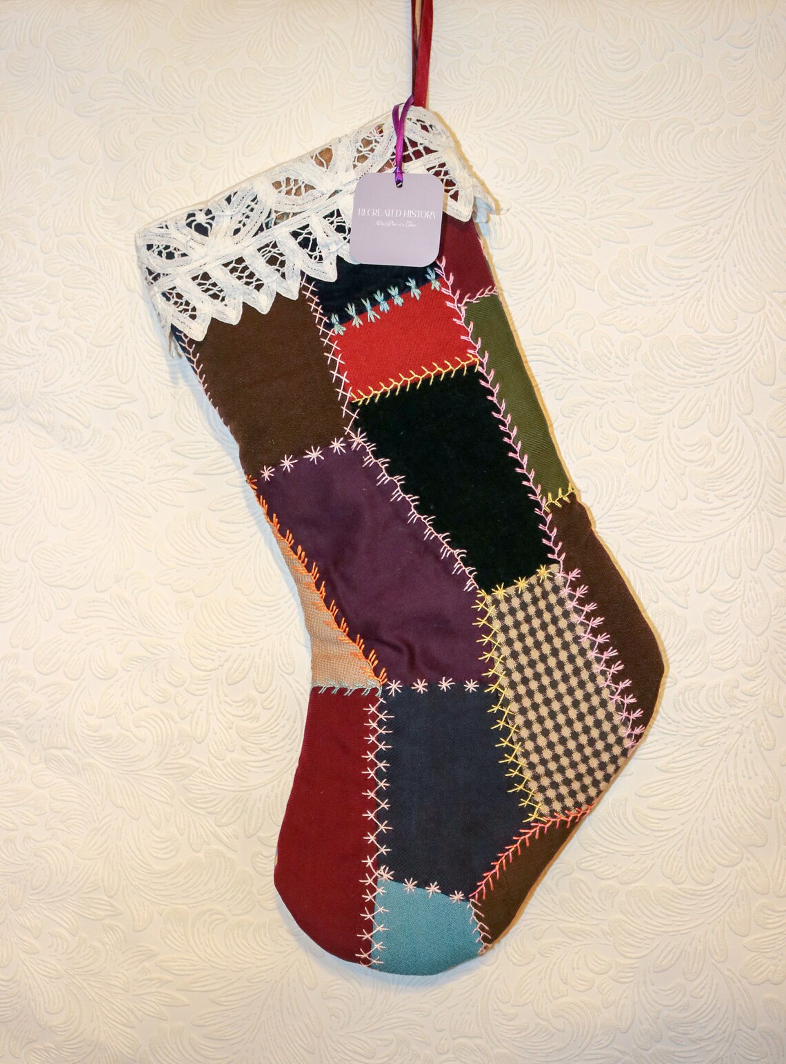 Antique Crazy Quilt Christmas Stocking: Handmade Embroidered Battenburg ...