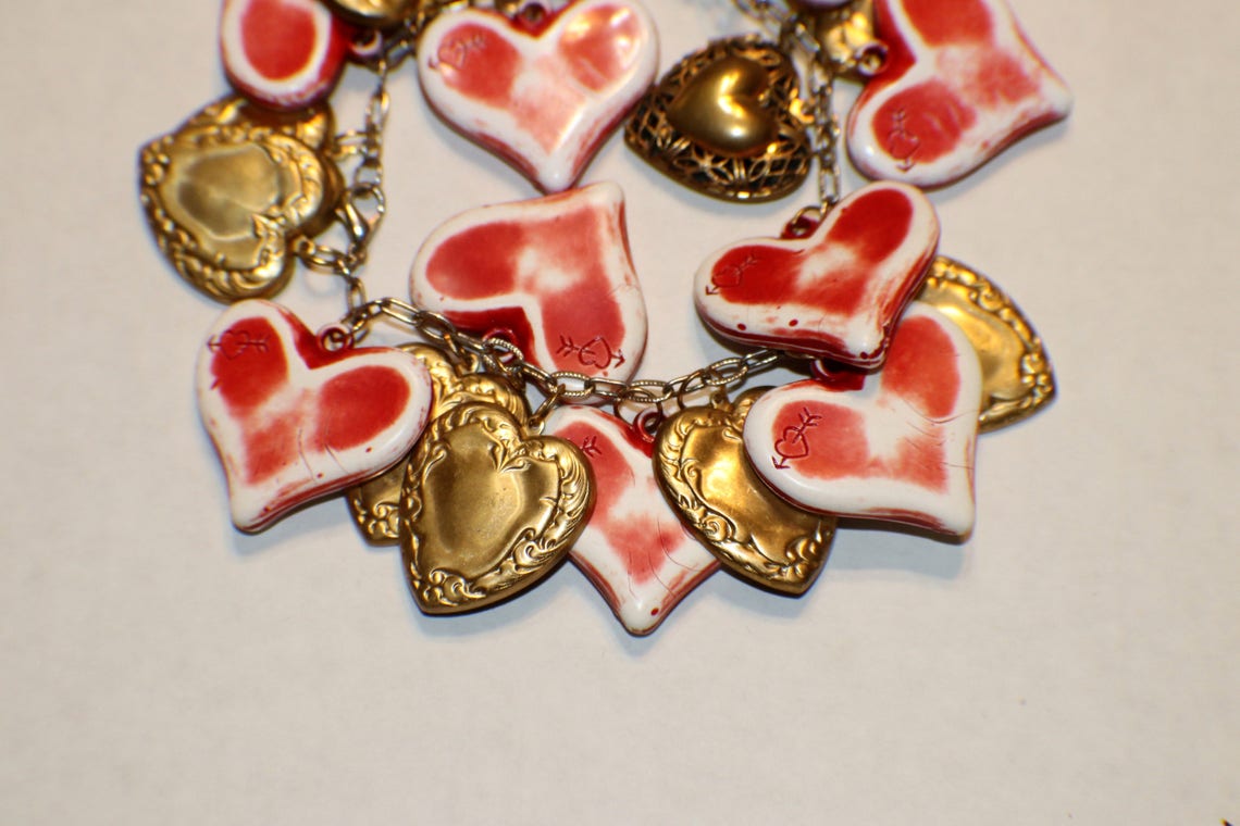 Heart Charm Bracelet Brass Mega Charm Collection Recycled Valentine's ...