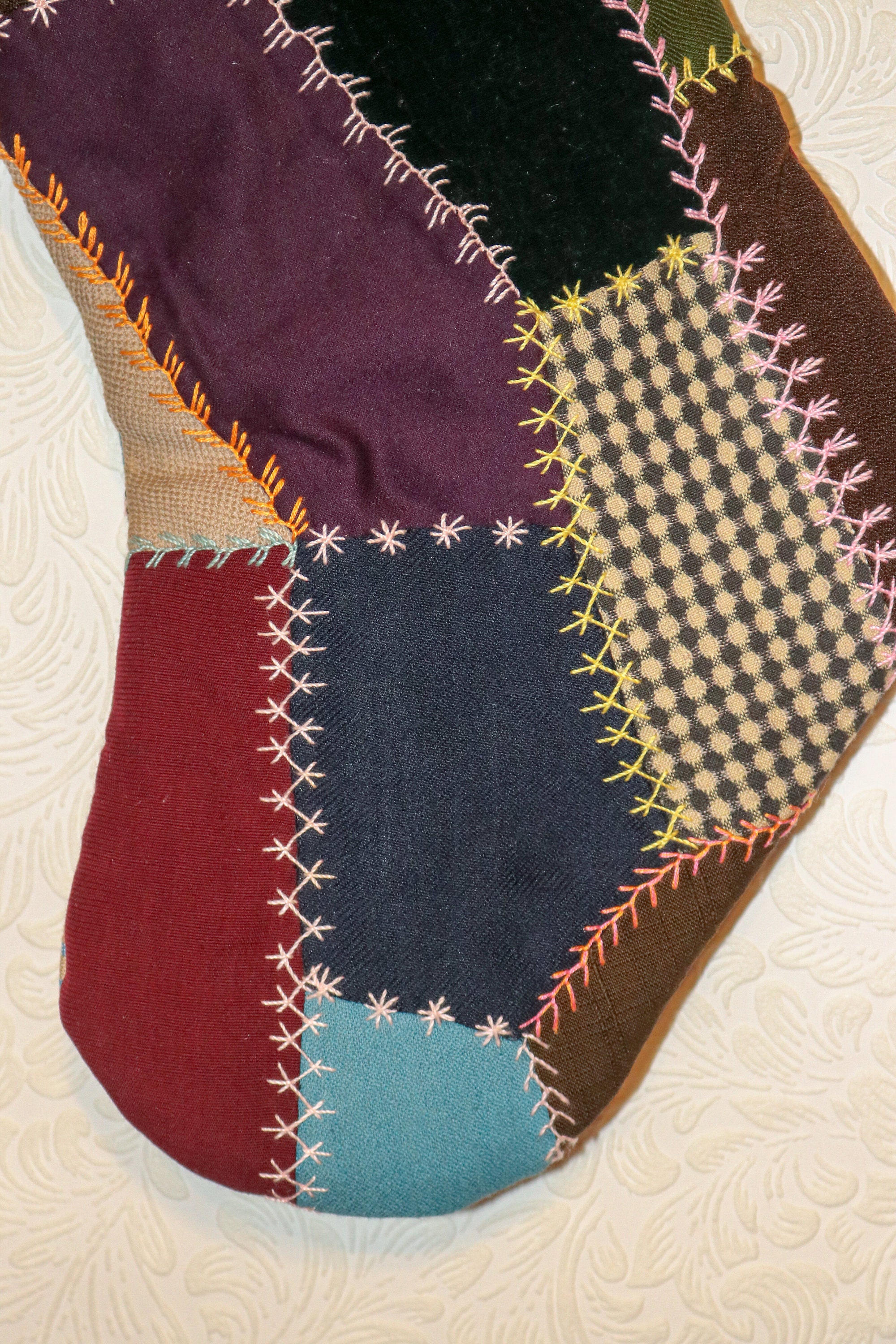 Antique Crazy Quilt Christmas Stocking: Handmade Embroidered Battenburg ...