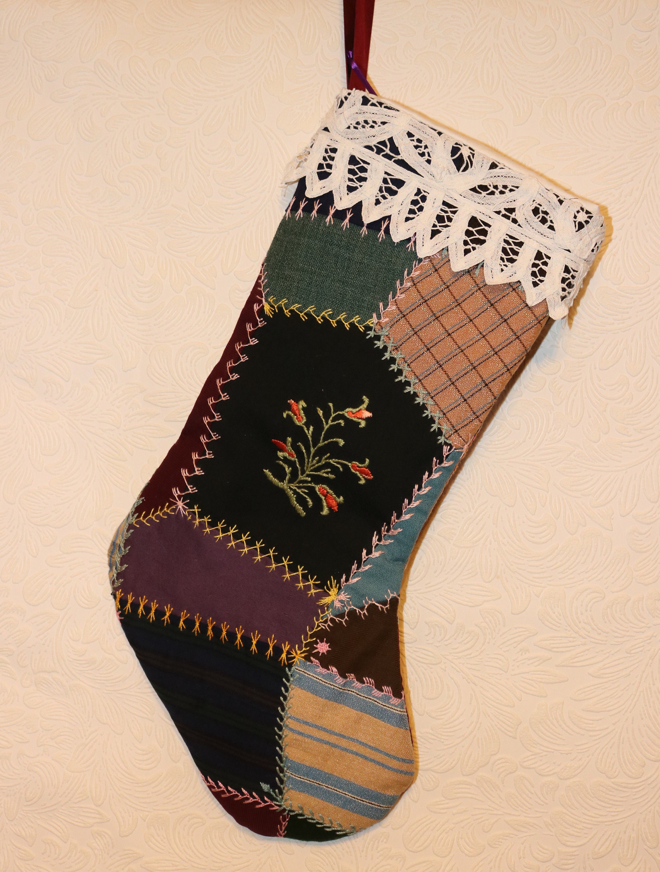 Antique Crazy Quilt Christmas Stocking: Handmade Embroidered Battenburg ...