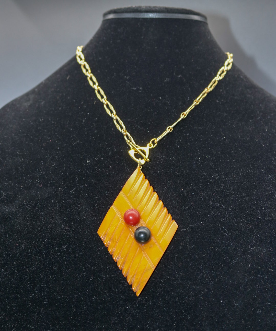 Vintage Bakelite Button Necklace: Chunky Diamond Pendant, Autumn Colors ...