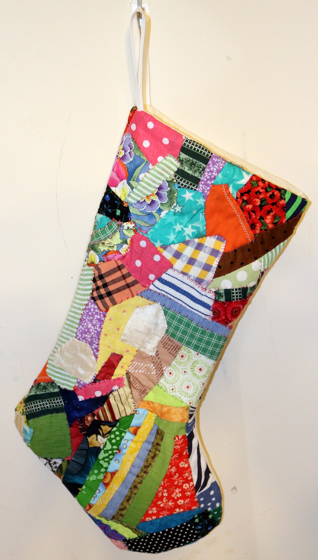 Crazy Quilt Christmas Stocking With Unbleached Muslin Back - Handmade ...