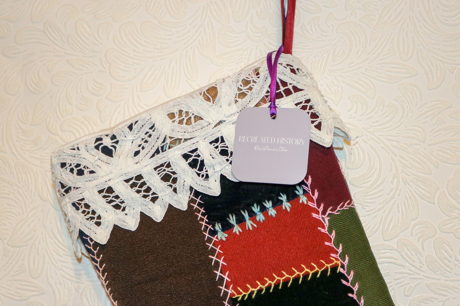 Antique Crazy Quilt Christmas Stocking With Battenburg Lace Cuff ...