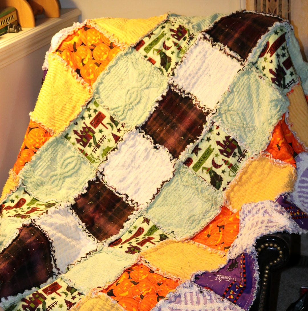 Upcycled Halloween Rag Quilt Large Throw Size 56 X 56 Recycled Vintage ...
