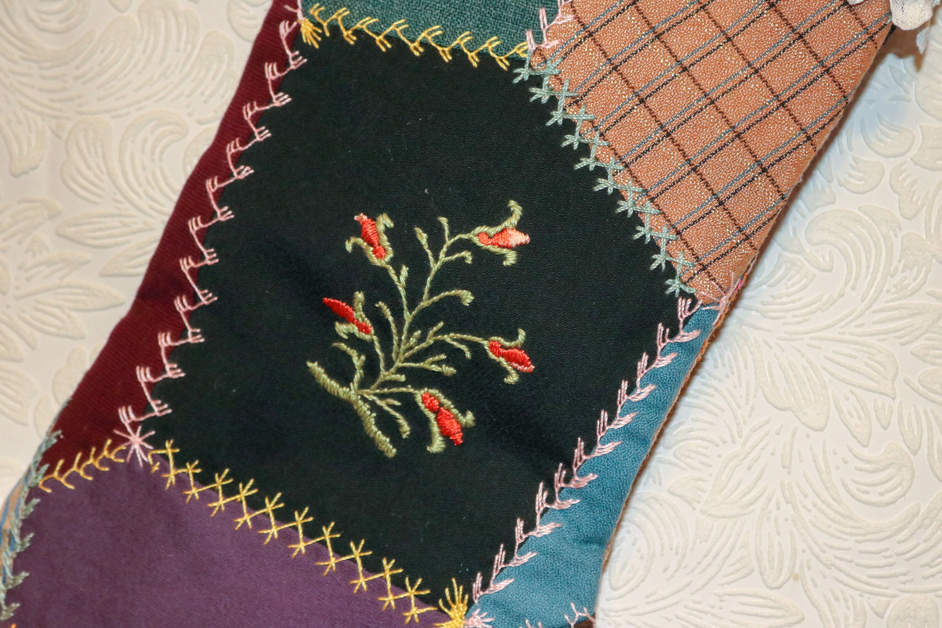 Antique Crazy Quilt Christmas Stocking: Handmade Embroidered Battenburg ...