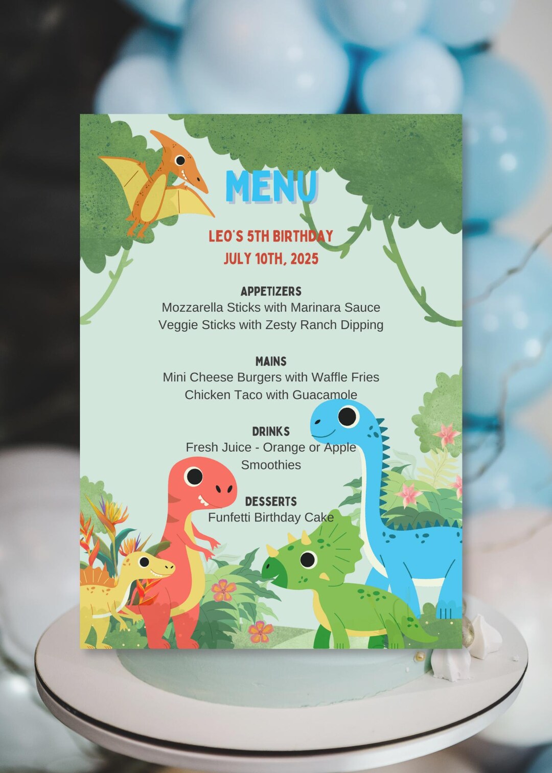Dinosaur Birthday Menu, Kid's Birthday Menu, Jungle Birthday Menu ...