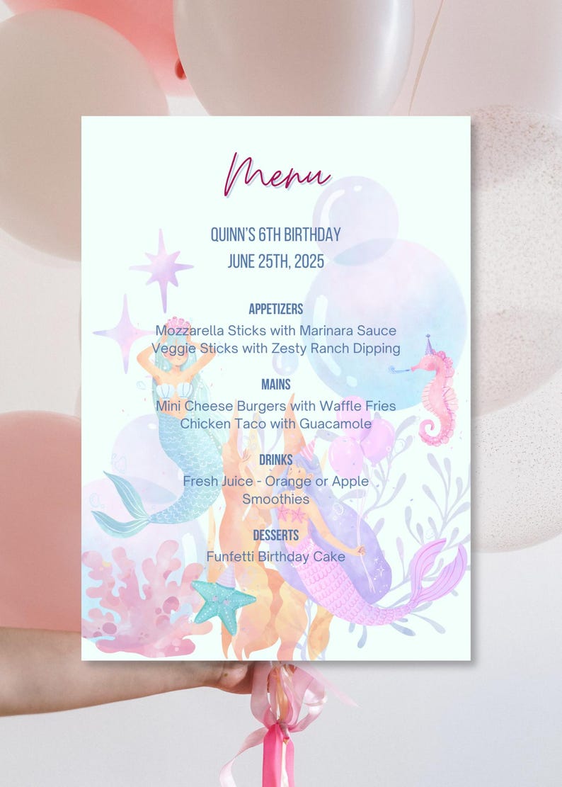 Mermaid Birthday Menu, Kid's Birthday Menu, Under the Sea Birthday Menu ...