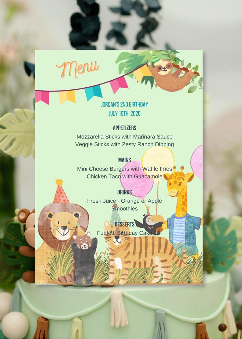 Jungle Animals Birthday Menu, Kid's Birthday Menu, Safari Birthday Menu ...
