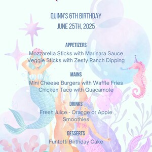 Mermaid Birthday Menu, Kid's Birthday Menu, Under the Sea Birthday Menu ...