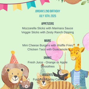 Jungle Animals Birthday Menu, Kid's Birthday Menu, Safari Birthday Menu ...