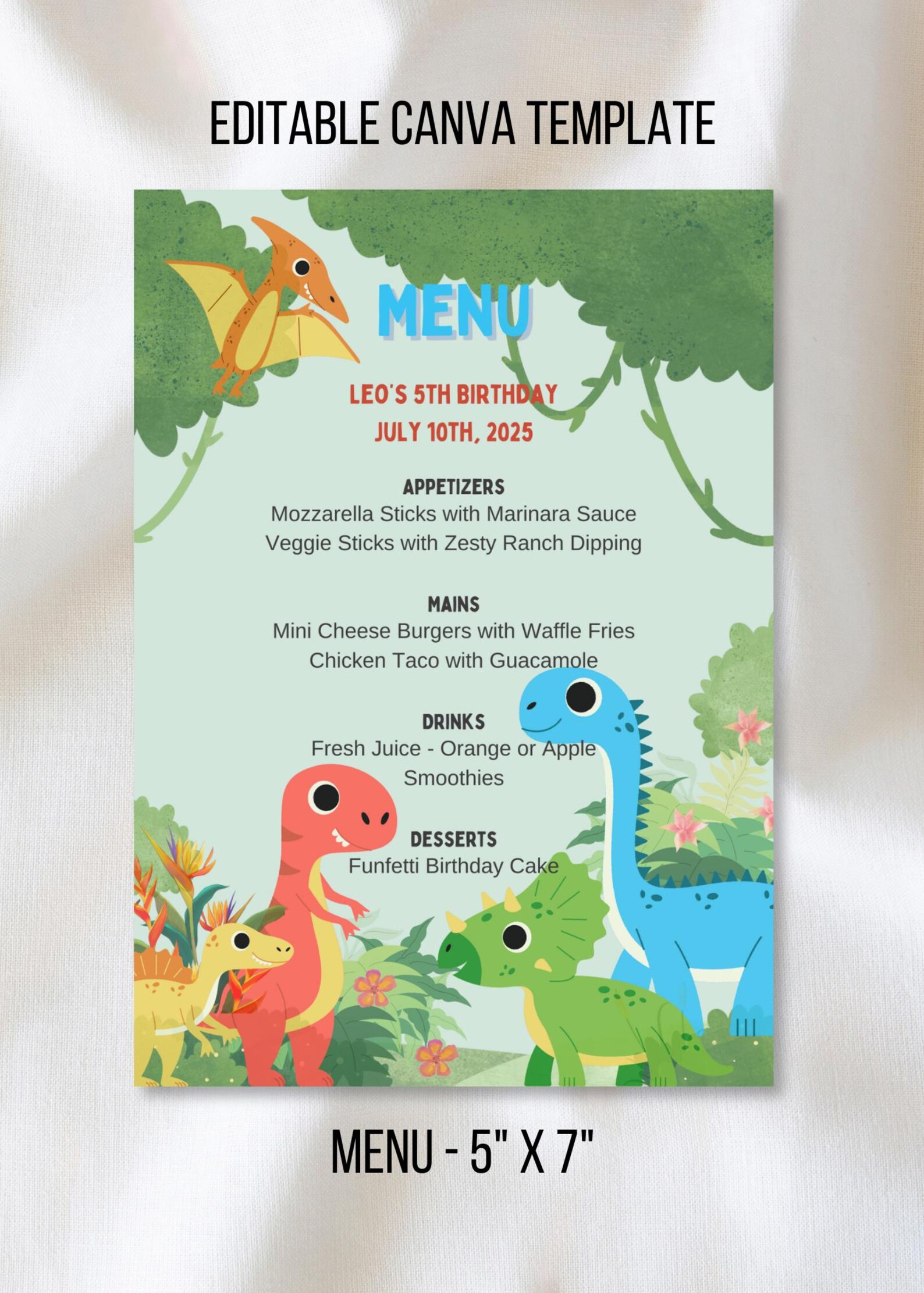 Dinosaur Birthday Menu, Kid's Birthday Menu, Jungle Birthday Menu ...
