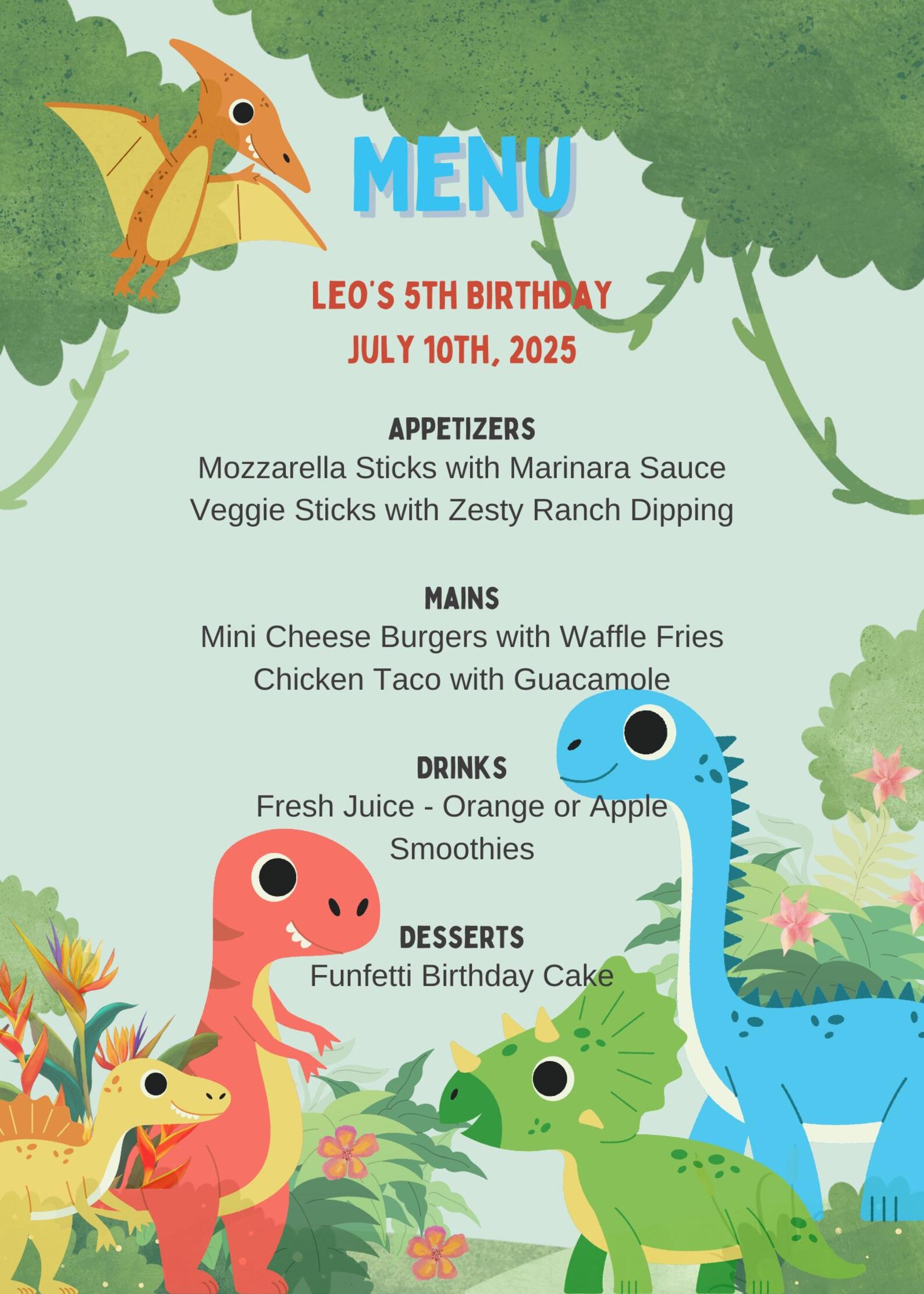Dinosaur Birthday Menu, Kid's Birthday Menu, Jungle Birthday Menu ...