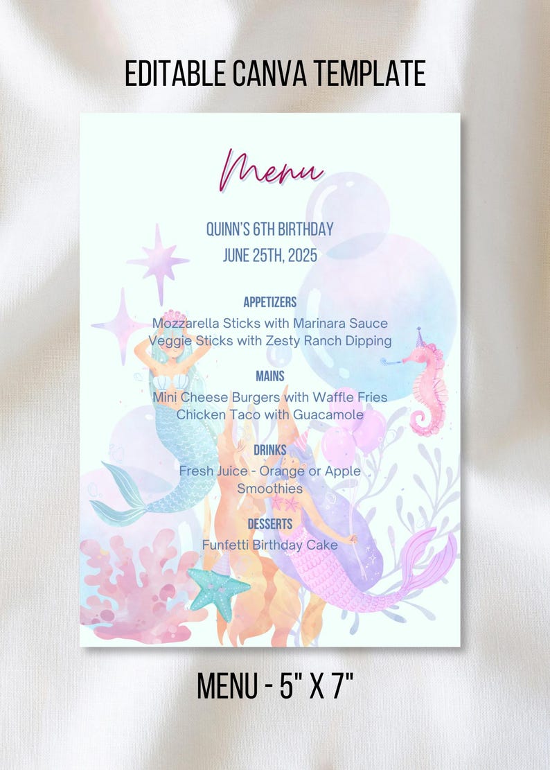 Mermaid Birthday Menu, Kid's Birthday Menu, Under the Sea Birthday Menu ...
