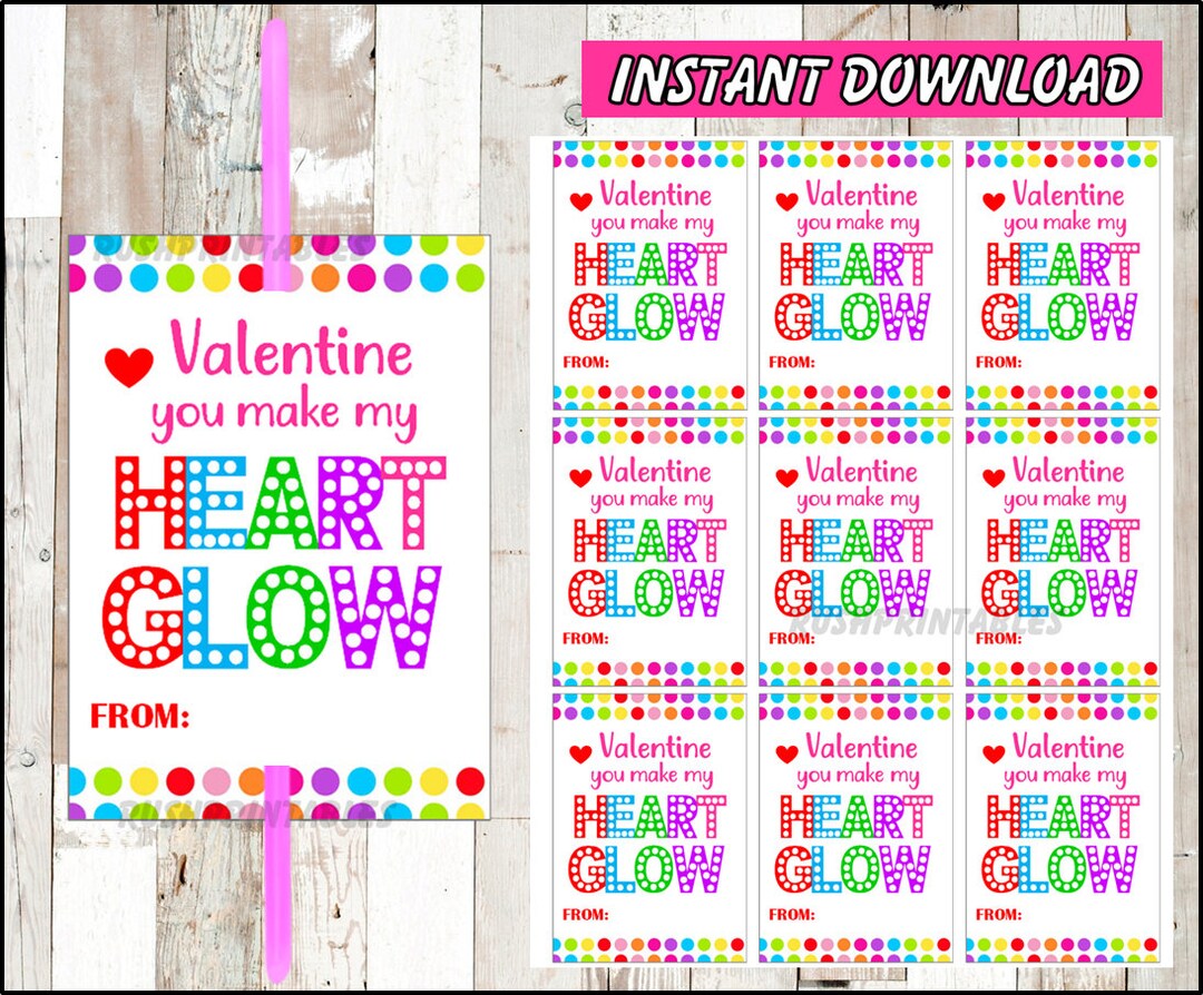 You Make My Heart Glow Neon Valentine for Glow Stick Party Favor Tag ...