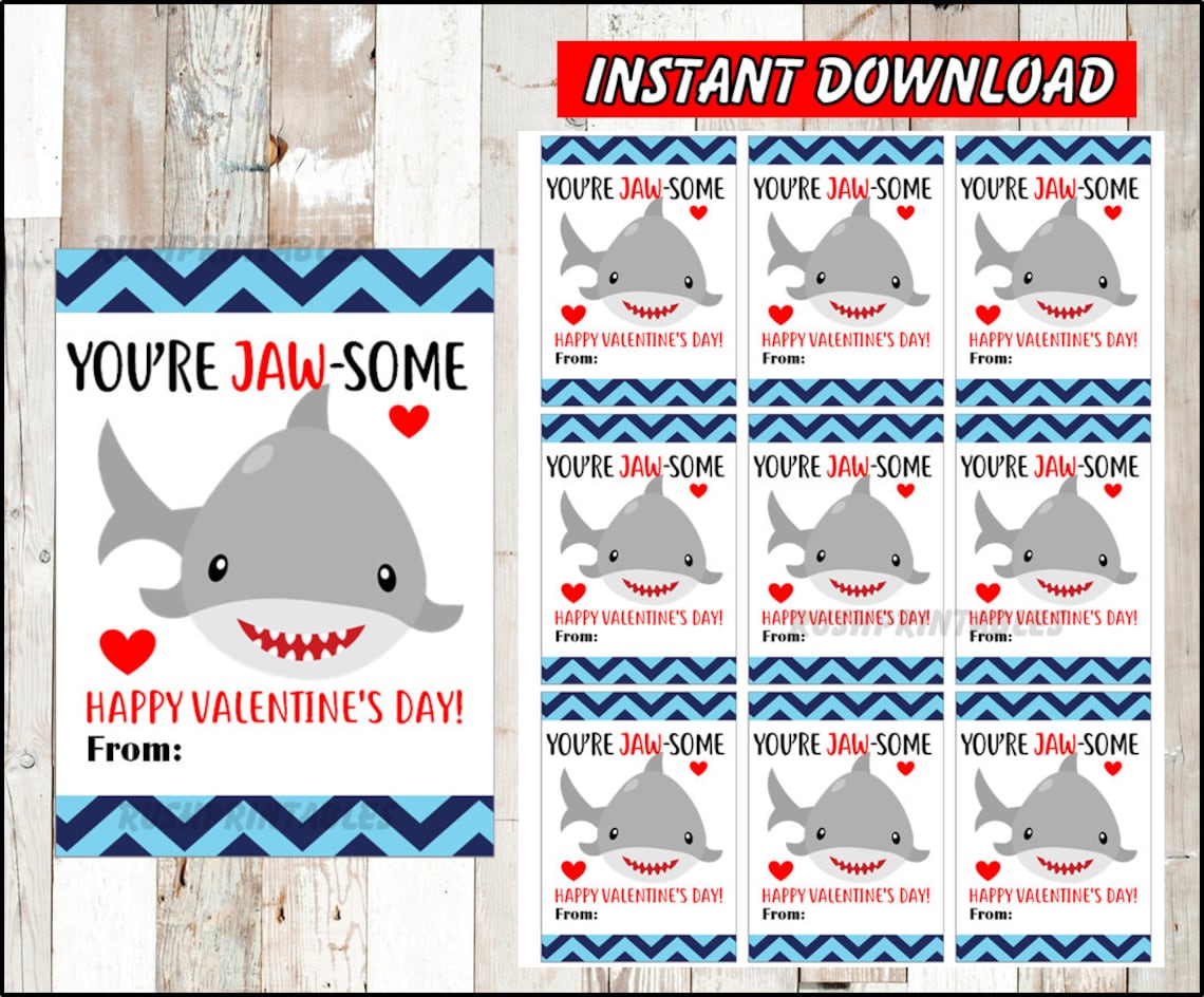 INSTANT DOWNLOAD Shark Valentine Cards, Printable Goldfish Valentine ...