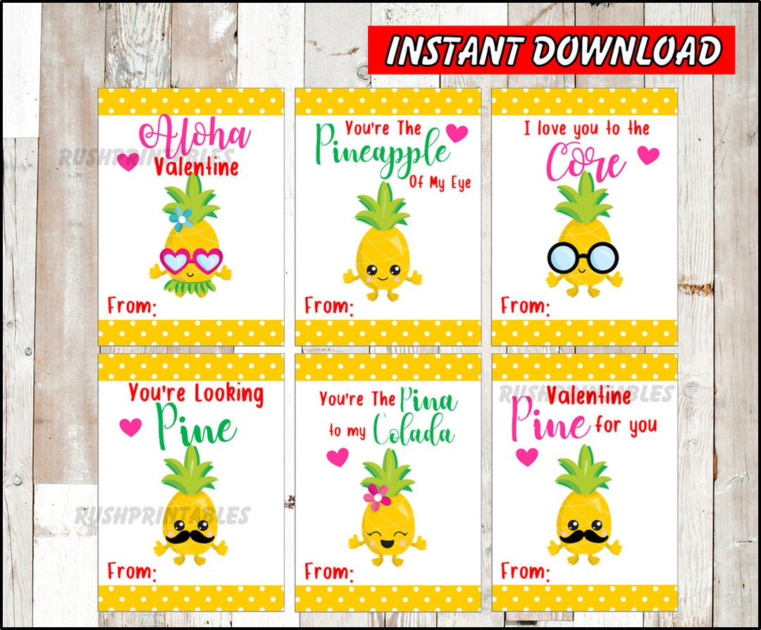 Pineapple Valentine's Day Cards, Pina, Mustache, INSTANT DOWNLOAD - Etsy