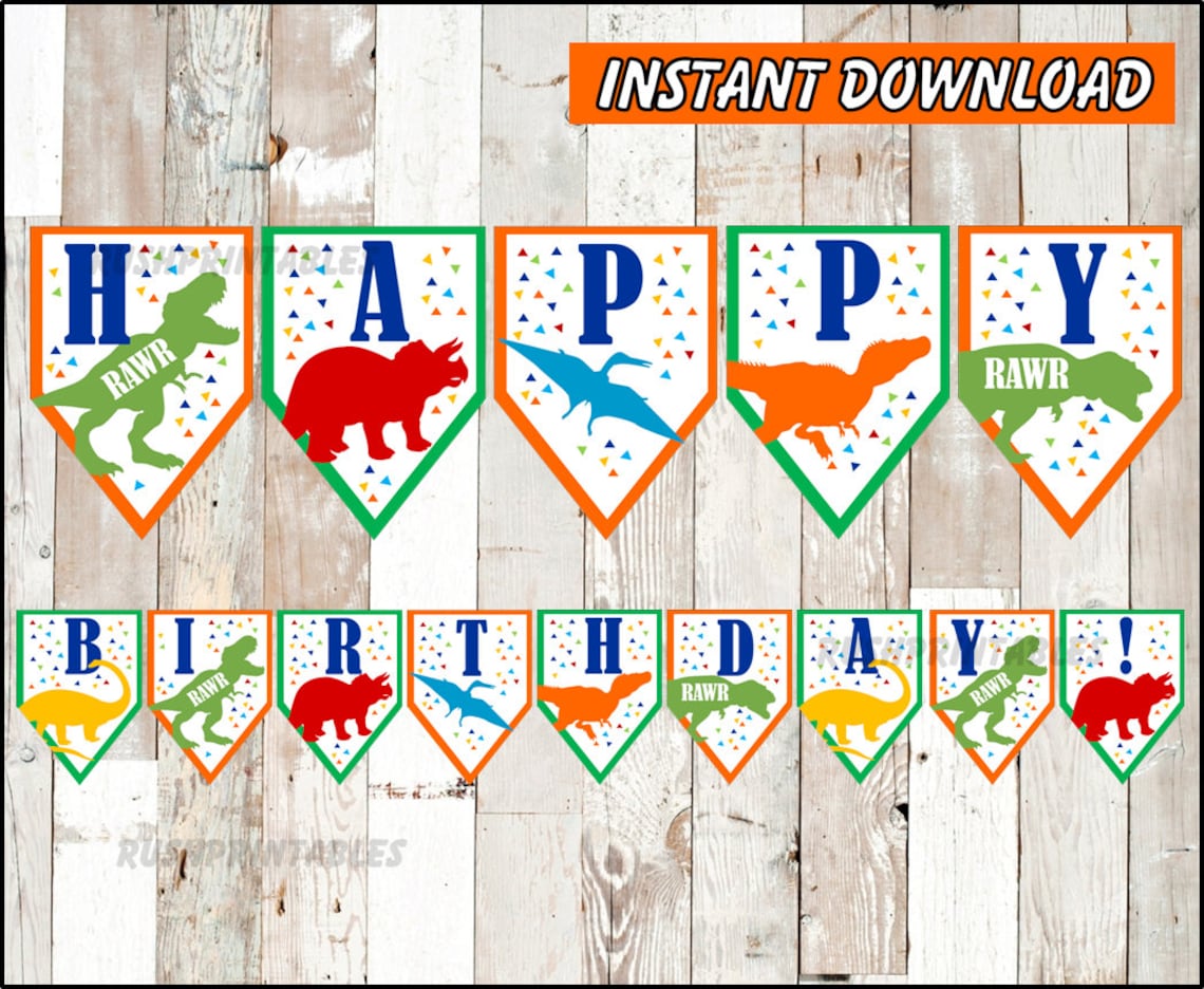 Dinosaur Banner Instant Download , T-rex Triangle Banner, Printable ...