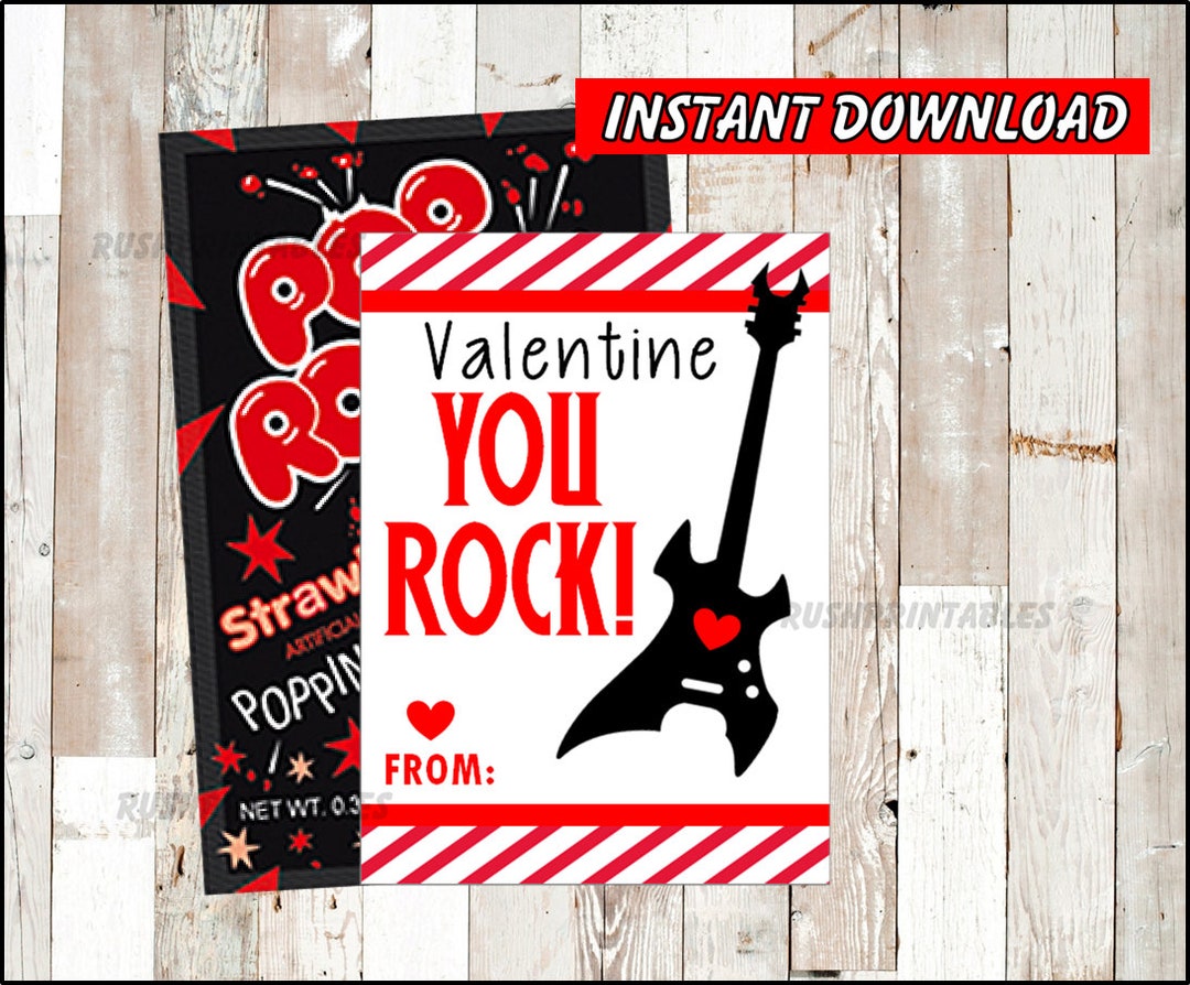 INSTANT DOWNLOAD You Rock Kids Valentine Cards, Printable Rock Theme ...