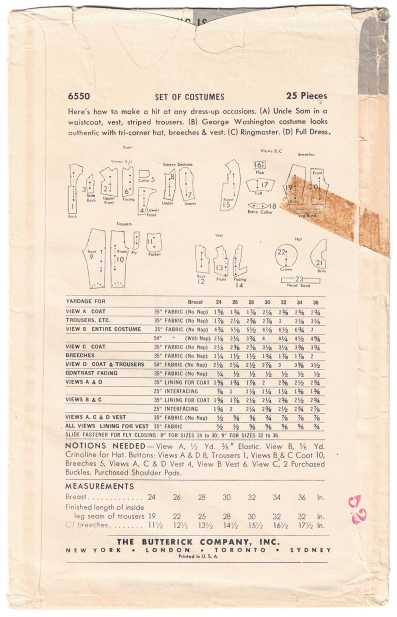 1950s Tuxedo With Tails Costume Pattern: Butterick 6550 - Size 28 ...