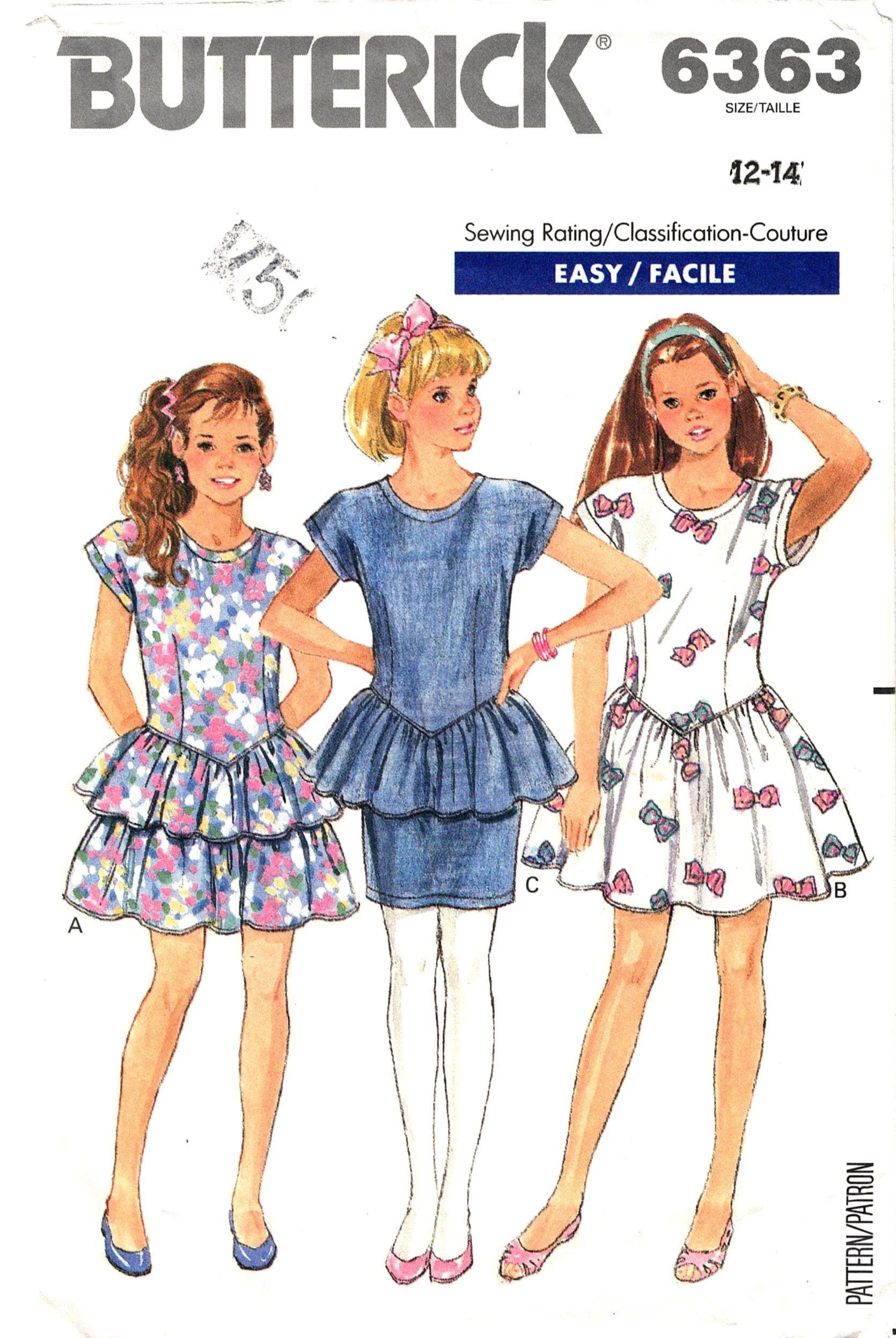 1980s Girls' Ruffle Dress Sewing Pattern: Butterick 6363 Size 12 - 14 ...
