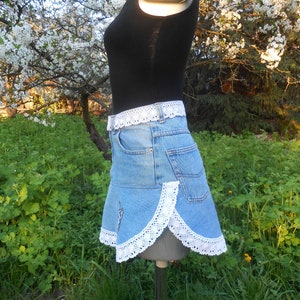 Upcycled Denim Skirt With White Lace Recycled Jeans Clothing Repurposed ...